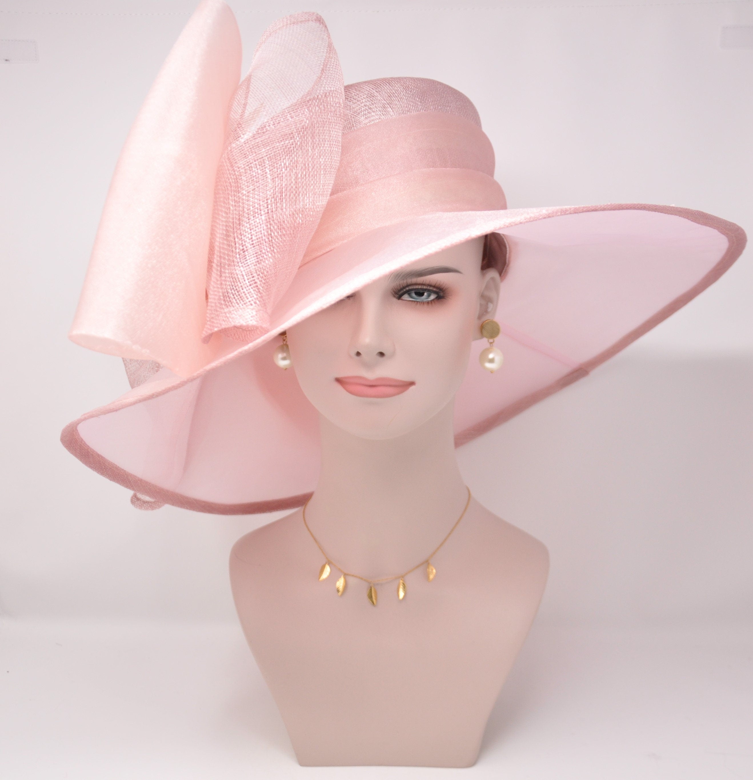 Blush Pink Derby Hat: Sinamay & Organza Wide Brim Ascot Hat – Miss Race ...