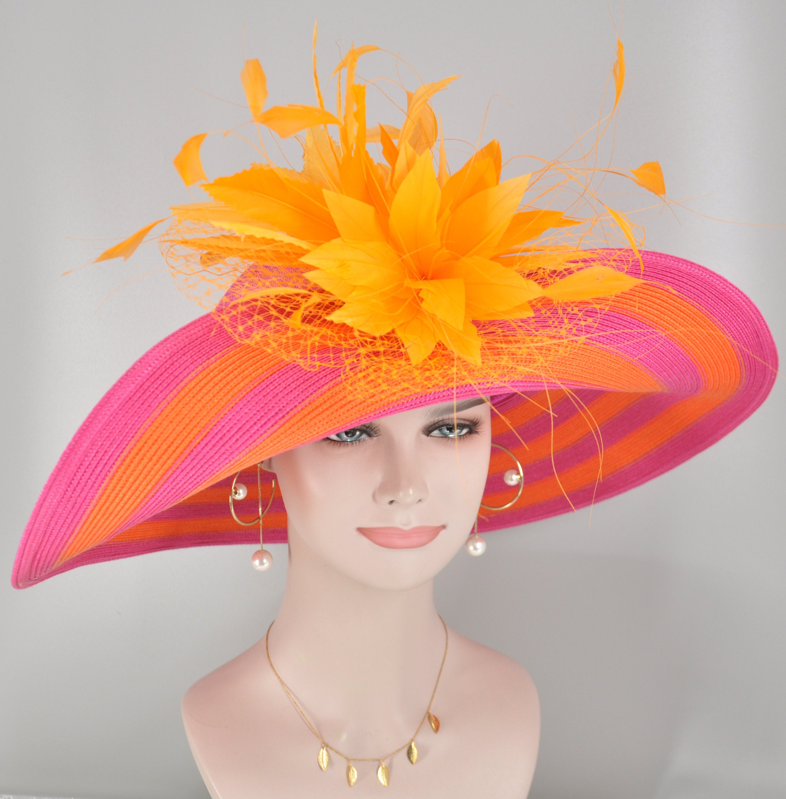 Wide Brim Sinamay Derby Hat: Hot Pink & Orange Feather Flowers – Miss ...
