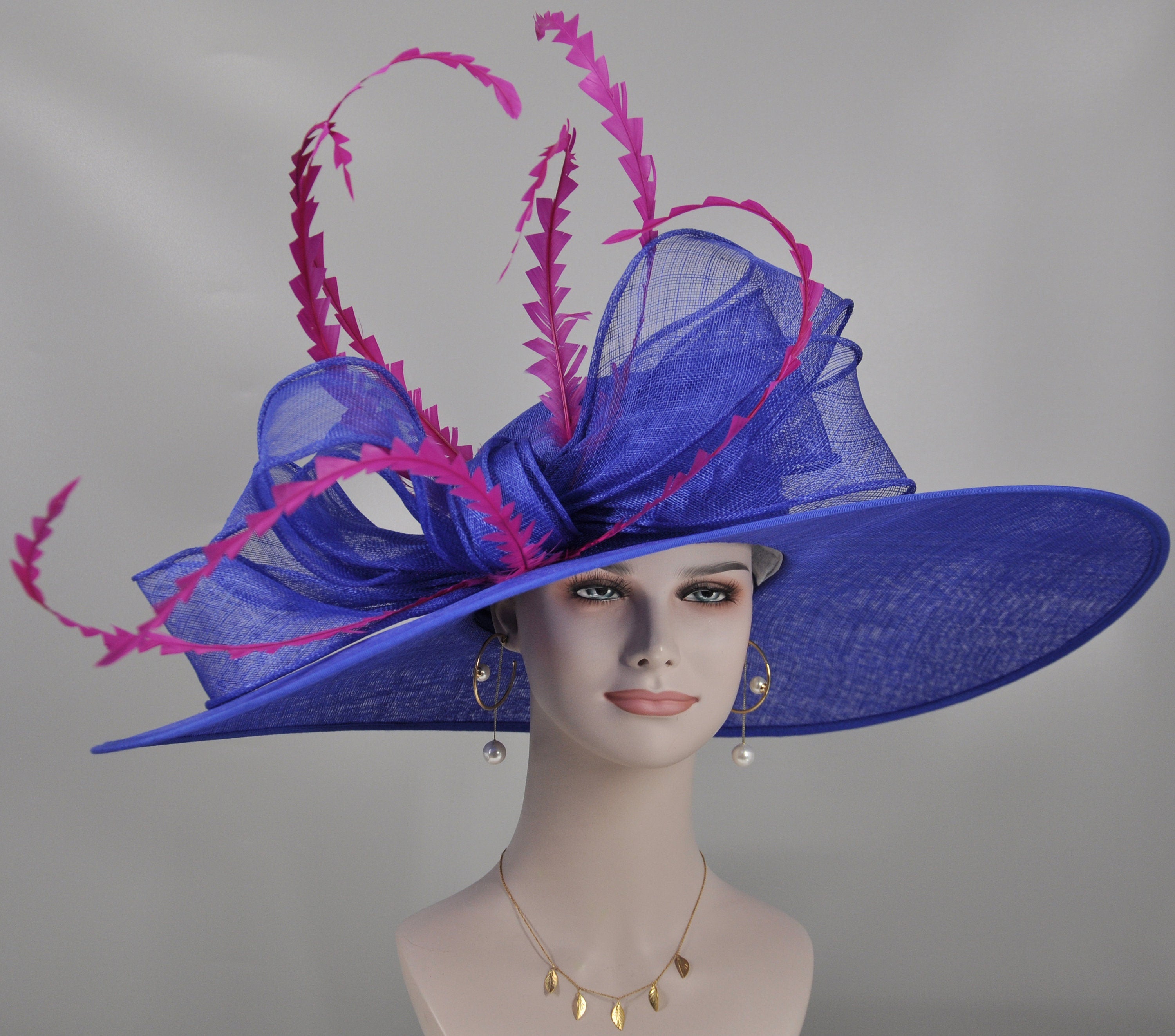 Royal Blue Derby Hat: Fuchsia Feather Ascot Hat – Miss Race Derby Hats