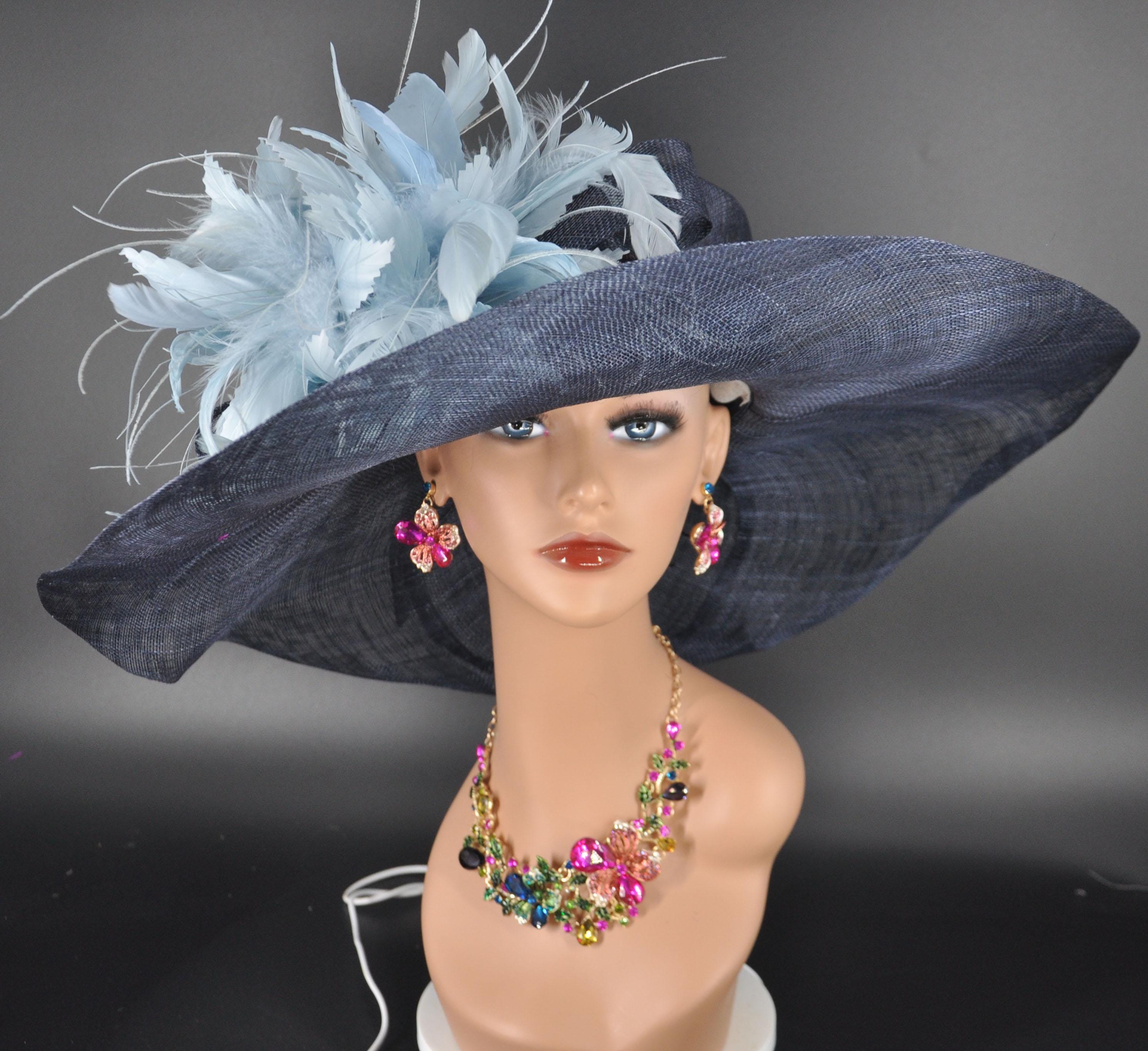 Navy Blue Feather Flower Derby Hat: Wide Brim Sinamay Church Hat – Miss ...